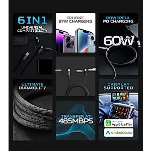 [Upgraded] Futurizta Tech® Zeus-X 6-in-1 Universal Multi Cable (3.3ft/1m) Fast Charging 60W Laptop PD, QC3.0 & 27W iPhone Fast Charging & Data Sync, Military Grade Braided with Cable Organizer Strap