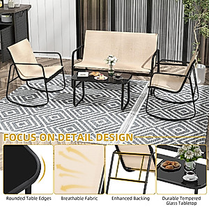 DWVO 4 Piece Patio Furniture Set, Outdoor Conversation Sets for Patio, Lawn, Garden, Poolside with Rocking Chair Set of 2 and Glass Coffee Table - Brown