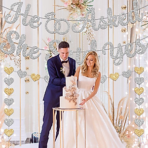 He Asked She Said Yes Banner Silver Glitter, No-DIY She Said Yes Decorations Banner with Heart Garland, Engagement Party Decorations Silver for Wedding Engagement Bridal Shower Party Decorations