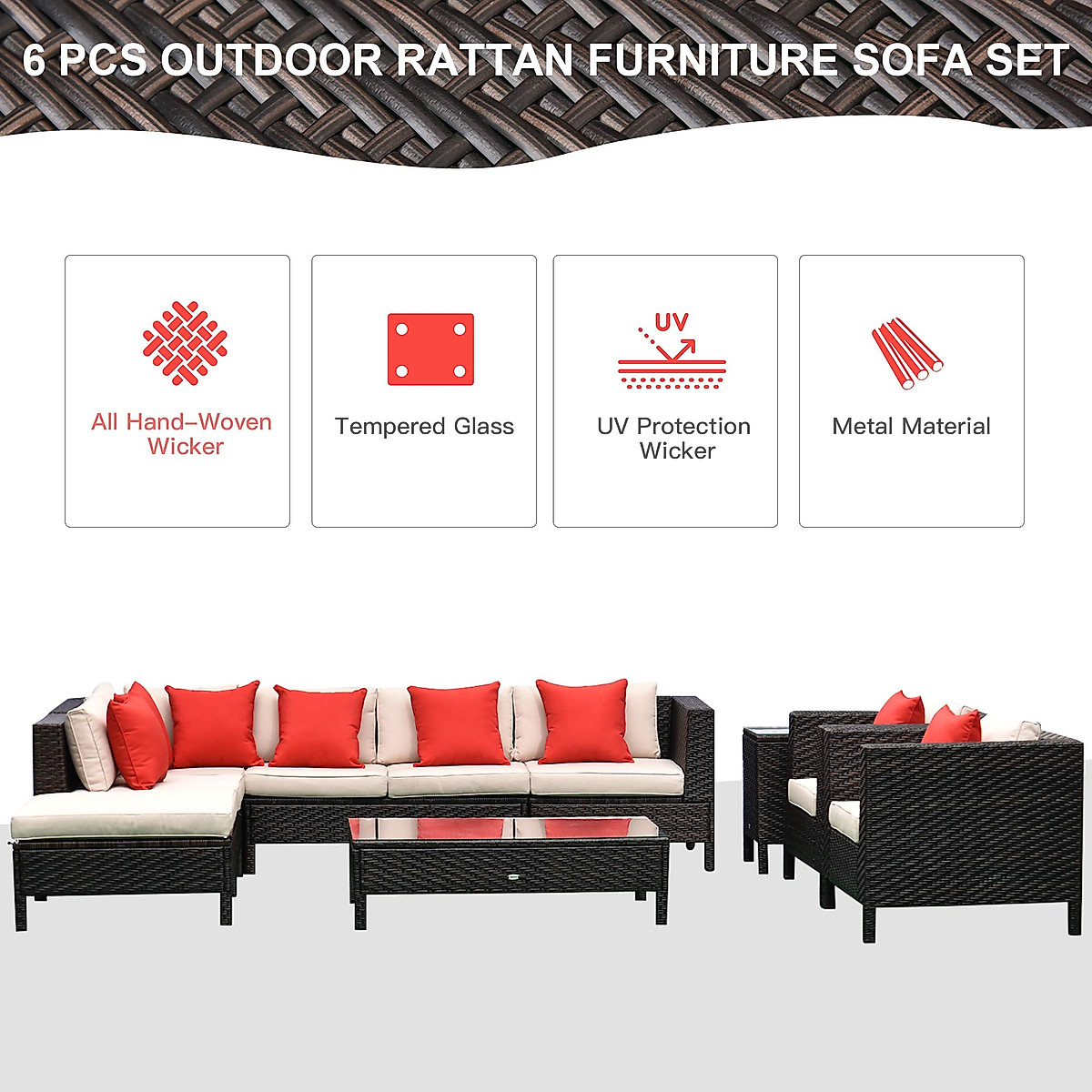 Outsunny Patio Furniture Set, 9 Piece Outdoor Sectional Sofa, All-Weather PE Rattan Wicker Conversation Set with Chairs, Ottoman, Loveseat, Coffee and Side Table, Cushions, Sand