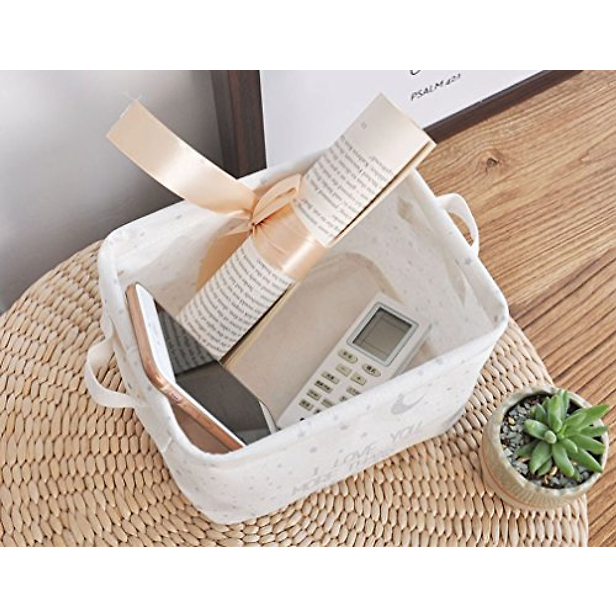 Slytem Storage Bin Basket Organizer Container Cube Rectangle with Handles Linen Canvas Jute Collapsible (#1: 7.8" Long × 6.3" Wide × 5.1" high, Gray Stars Moon)