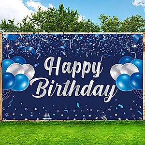 Trgowaul Happy Birthday Banner Backdrop, Blue and Silver Birthday Party Decorations, Birthday Party Supplies Men Women, Birthday Gifts Photo Background Banner Decor Girls Boys Kids Outdoor Indoor
