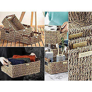 ADO Basics Wicker Basket with Stain Resistant Wooden Handles, Seagrass Wicker Baskets for organizing 14.6"x10.3"x6.2" and 12"x8.3"x5.1" and 9.5"x6.6"x4.1", Set of 3