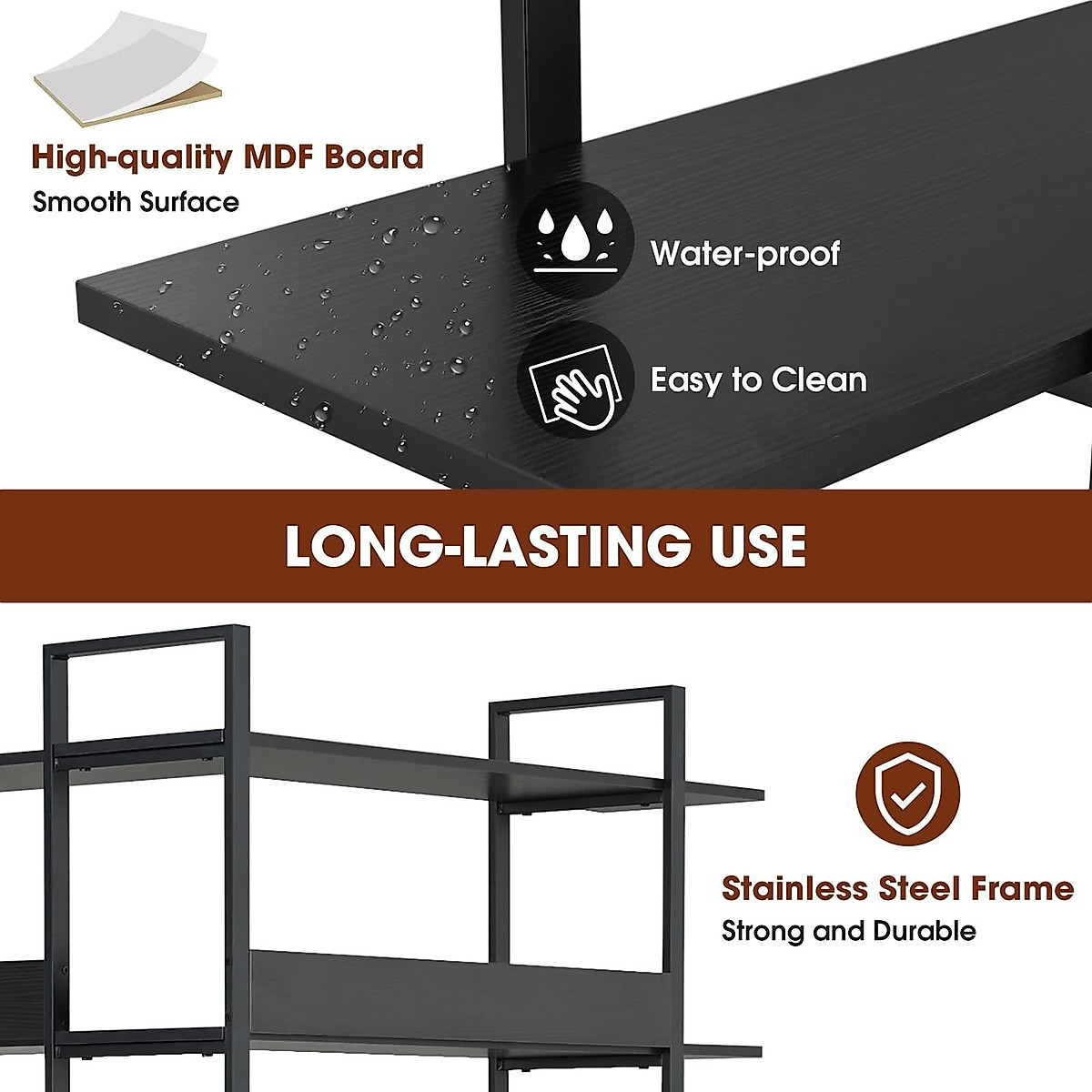 Daesar 74.8 Inch Bookshelf L-Shape MDF Boards Stainless Steel Frame Corner 6-Tier Shelves Adjustable Foot Pads, Black