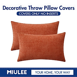 MIULEE Fall Pack of 2 Couch Throw Pillow Covers 12x20 Inch Soft Burnt Orange Chenille Pillow Covers for Sofa Living Room Solid Dyed Pillow Cases