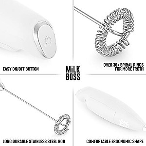 Milk Boss Powerful Milk Frother Handheld With Upgraded Holster Stand - Coffee Frother Electric Handheld Foam Maker - Milk Frother For Coffee, Lattes, Matcha & More - Electric Whisk Frother (White)