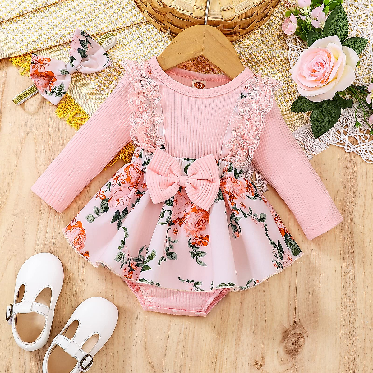 Newborn Baby Girl Ribbed Floral Suspender Dress with Headband 0 3 6 9 12 18 24 Months Fall Outfits Pink-1 0-3 Months