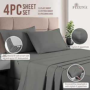 Pizuna Pure 100% Cotton Sheets Full Size, Luxurious 400 Thread Count Long Staple Cotton Sateen Sheets Full with 15" Deep Pocket (Combed Dark Grey Cotton Sheets Full)