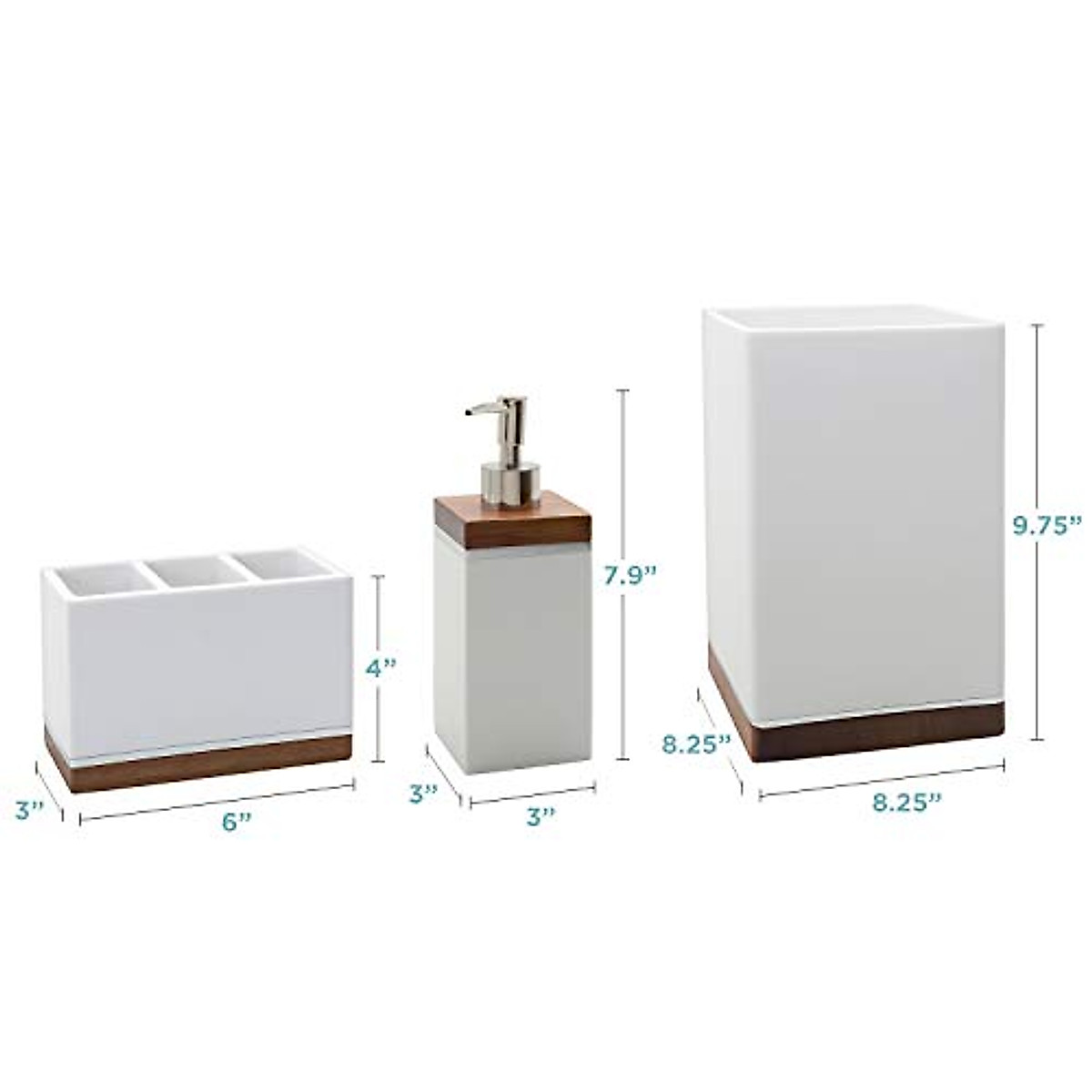 Zenna Home 3-Piece Bathroom Accessory Set: Vanity Organizer, Lotion or Soap Dispenser, and Waste Basket,White with Maple Trim, Brentwood Bath Accessories