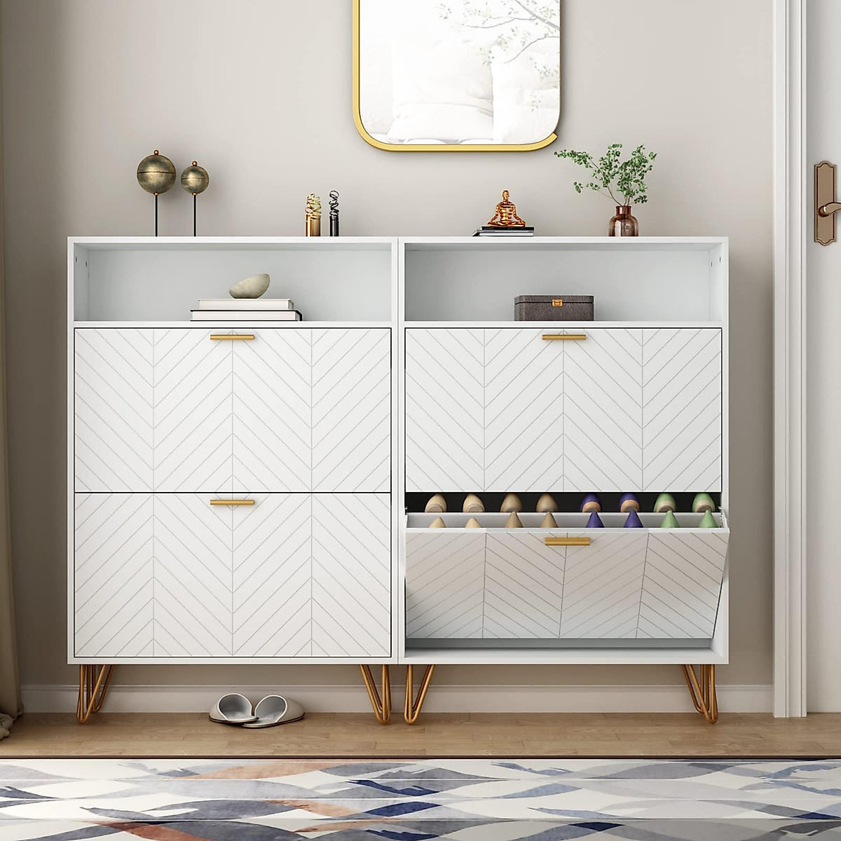 Auromie Shoe Cabinet, Freestanding Tipping Bucket Shoe Storage Cabinet with 2 Flip Drawers, Modern Entryway Shoe Rack with Storage Top Cubby, Narrow Slim Hidden Shoe Organizer with Doors (White)