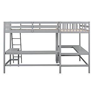 CITYLIGHT L-Shaped Loft Bed with 2 Built-in L-Shaped Desks,Wood Twin Size Loft Bed with Desk Underneath for Kids,Double Loft Beds with Guardrails and Ladders for Boys Girls Teens,Grey