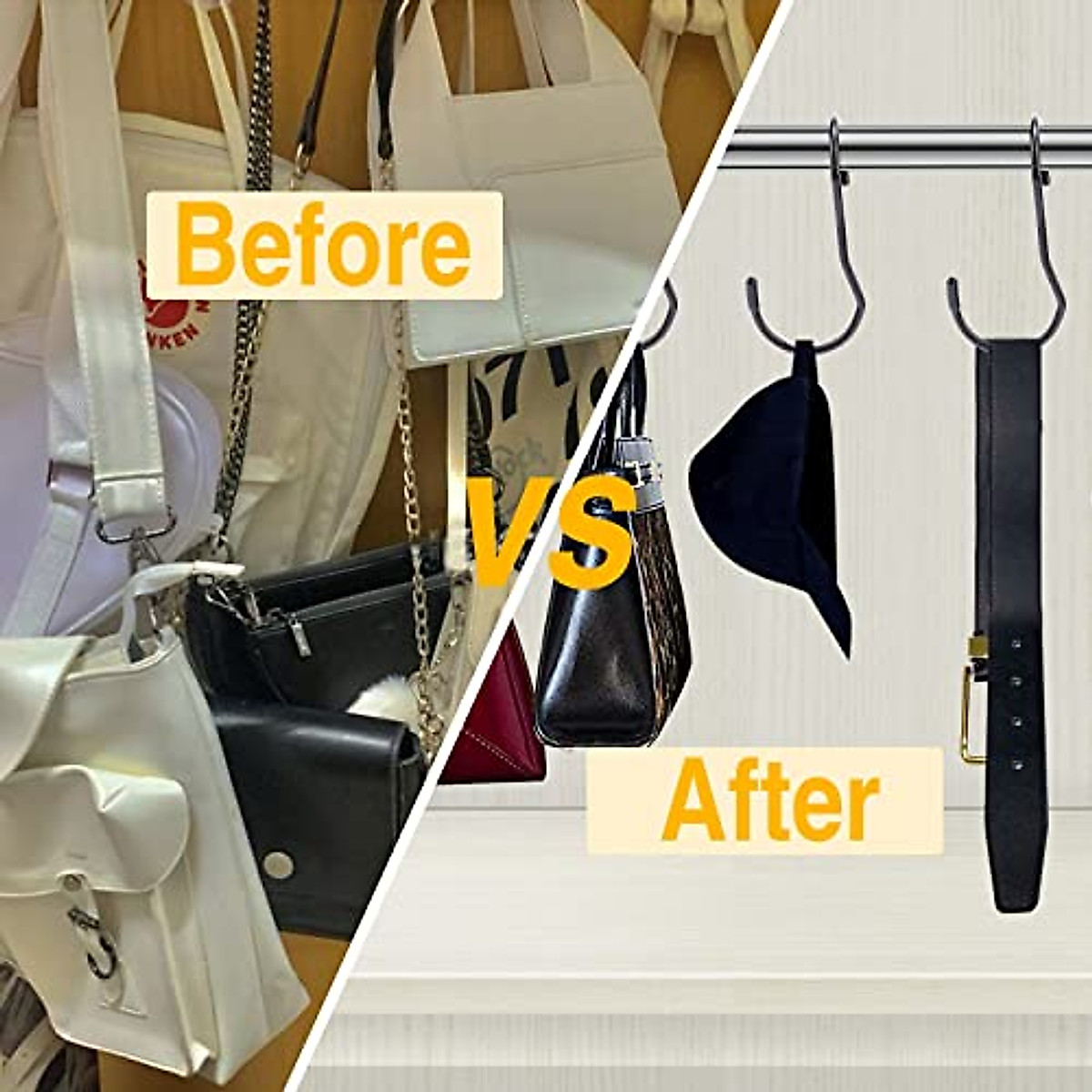 Purse Hanger for Closet - 10 Pack Closet Hooks for Bags - Unique Twisted Design Closet Rod Hooks Saves Space, Large Size Purse Hooks for Hanging Handbags, Belts, Scarves, Hats, Clothes - Black