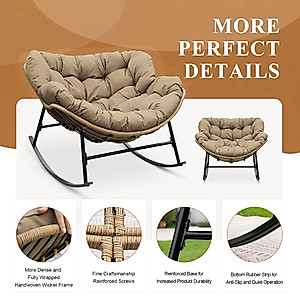 Papasan Rocking Chair Set of 2,Outdoor Indoor 450 lbs large Size Wicker Rattan Papasan Recliner Chair with Padded Cushion,Patio Lounge Rocker Chairs for Balcony Porch Garden Living Room (Brown)