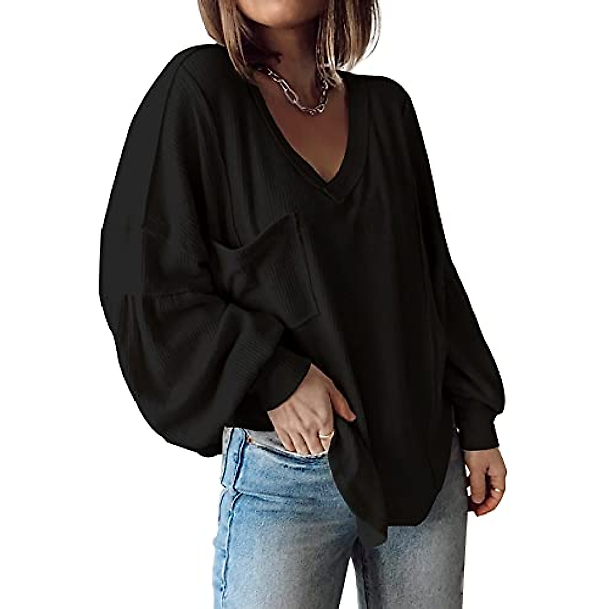 BTFBM Women Casual V Neck Ribbed Knitted Shirts Tunic Tops Loose Balloon Sleeve Solid Pullover Blouses Top with Pocket(Solid Black, Large)