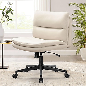 YASHFU Armless Leather Wide Office Desk Chair with Wheels: Cute Criss Cross Chair with Wheels, Leather Comfy Adjustable Swivel Computer Task Chairs for Home, Office,Make Up,Bed Room (Beige)