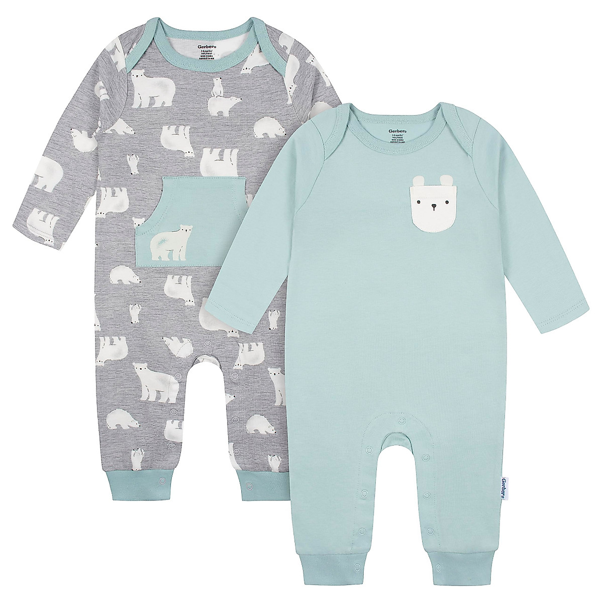 Gerber Baby Boys' 2-Pack Long Sleeve Jumpsuit, Blue Polar Bear, 3-6 Months
