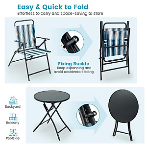 Tangkula 3 Piece Outdoor Folding Chair Set, 2 Folding Chairs with Folding Table, Heavy-Duty Metal Frame, Outdoor Dining Chair Set, Portable Patio Bistro Set for Backyard, Poolside, Balcony