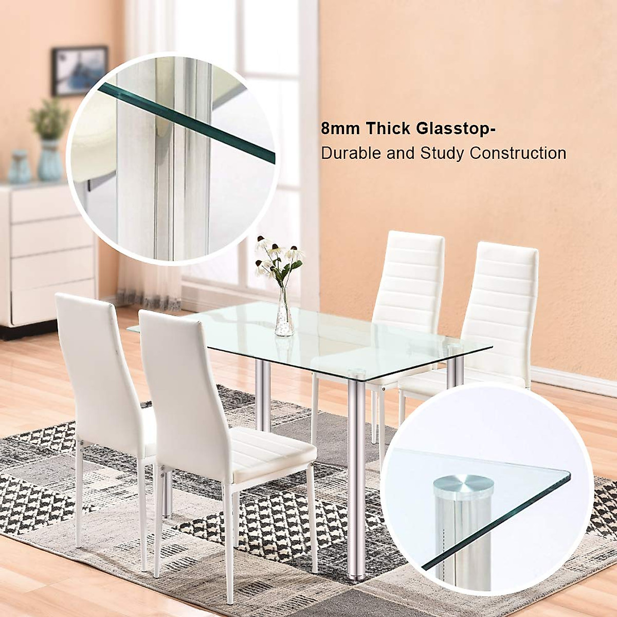 4HOMART 5 PCS Kitchen Table Set Modern Tempered Glass Top Table and PU Leather Chairs with 4 Chairs Dining Room Furniture White