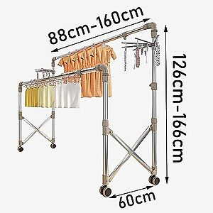 Foldable Stainless Steel Drying Rack Clothing, Retractable Collapsible Drying Rack Clothing, Double Pole Drying Rack, Space-Saving Laundry Rack, For Clothes, Towels, Indoor/Outdoor, With Castors ( Col