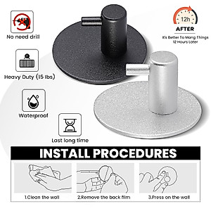 Anyffei 4Pack Adhesive Towel Hooks, Black and Silver Matte Towel Hooks Heavy Duty Waterproof Stainless Wall Hooks for Coat/Robe/Towels Stick on Bathroom/Kitchen