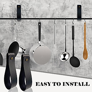 10 Pcs Black Leather Wall Hooks, Leather Curtain Rod Bracket, Leather Curtain Rod Holder Retro Strap Hangers with Screws for Hanging Towel Tapestry Canoe Paddle, Boho Farmhouse Style (Black)