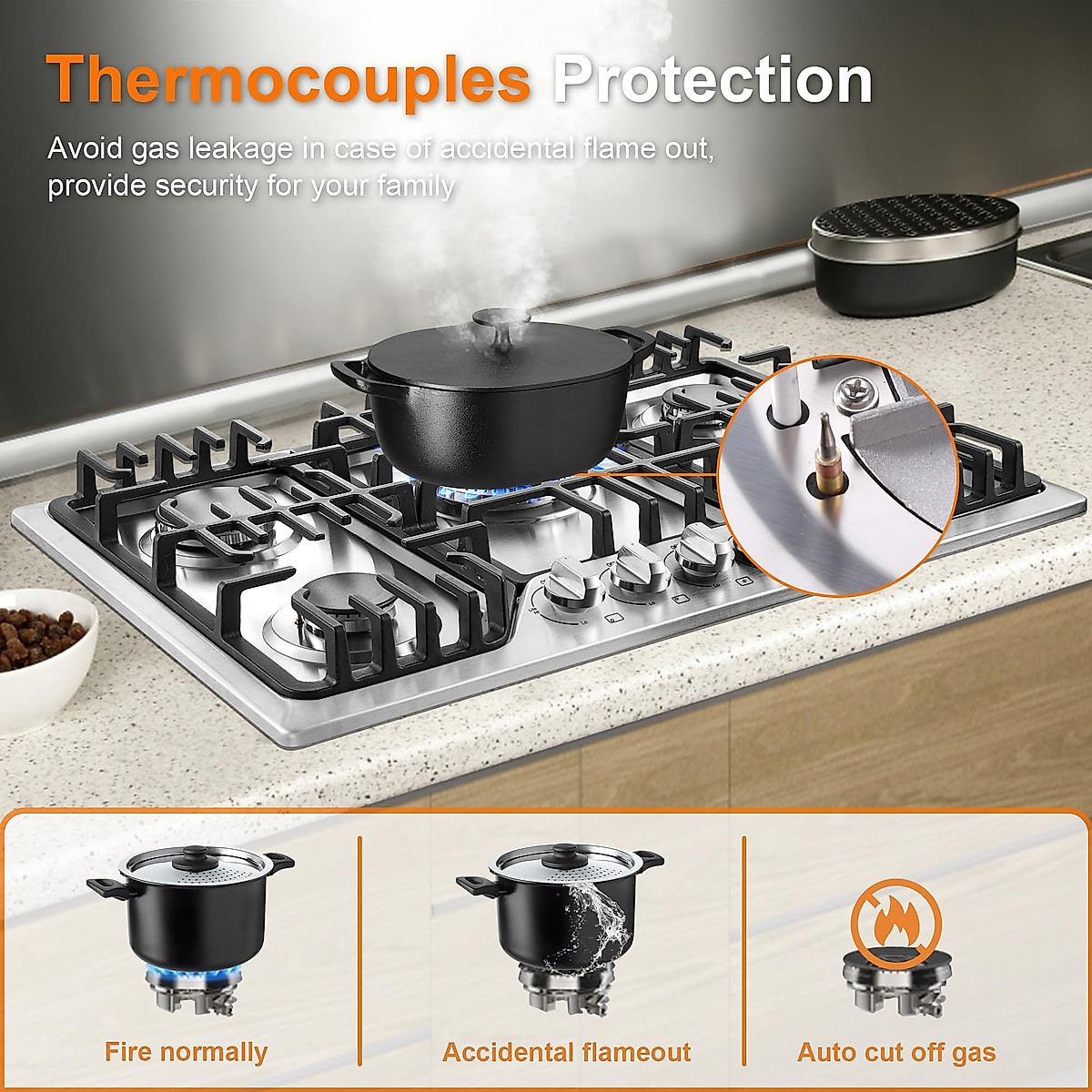 30 Inch Bulit-In Gas Cooktop with Griddle, 5 Italy SABAF Powerful Burners Over 92% High Efficiency, Max 48300BTU Gas Stove Top, 304 Stainless Steel Panel, NG/LPG Convertible, CSA Certified