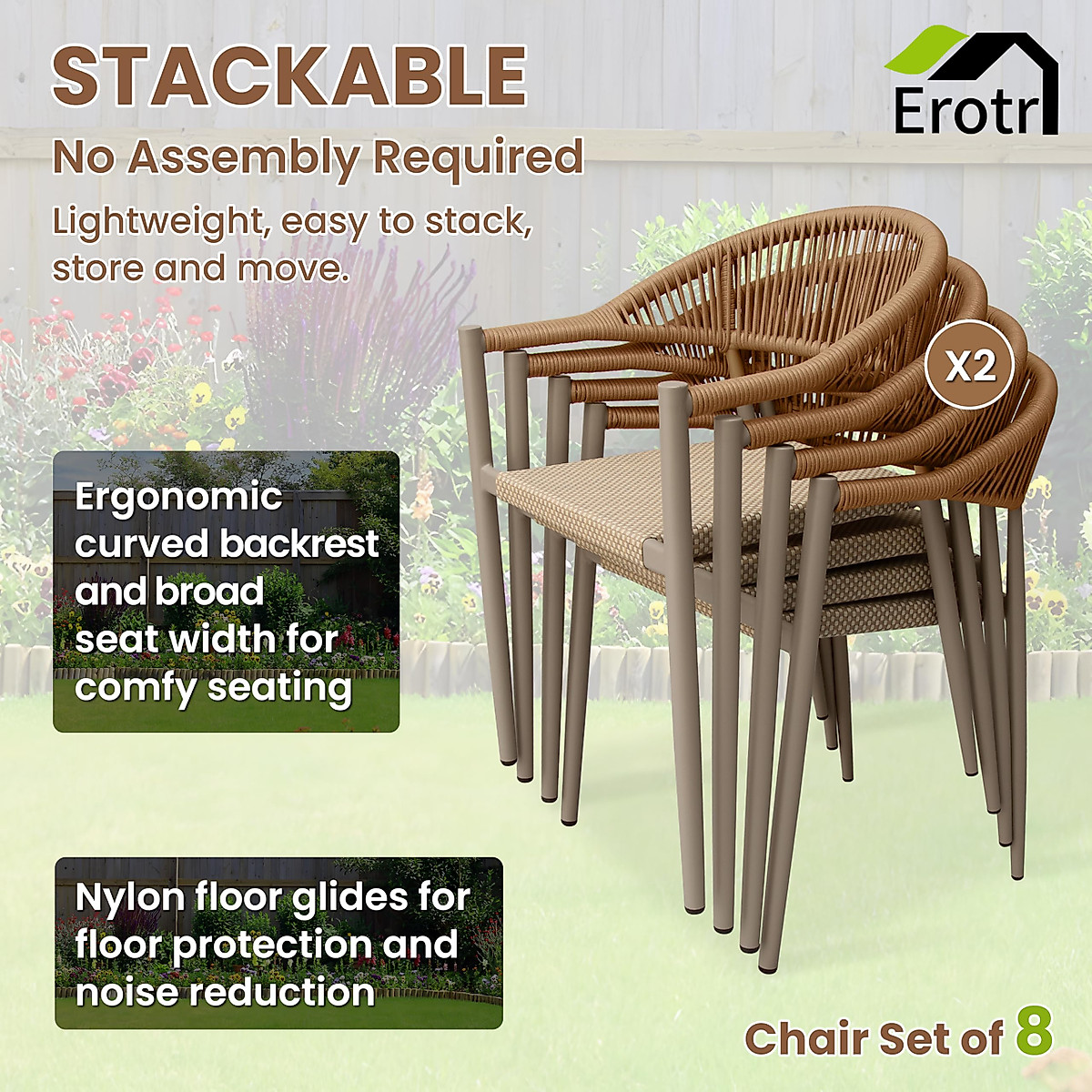 Erotr 4 Pcs Stackable Dining Chairs, Aluminum Rattan Outdoor Dining Chair with Arms, Woven Rope Patio Armchair Metal No Assembly for Bistro Garden Balcony Porch Deck Yard Cafe Restaurant, Light Brown