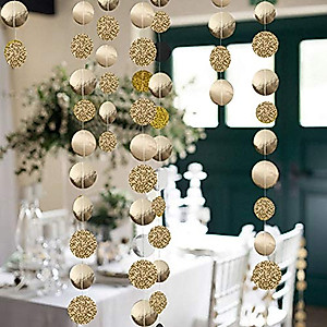 OuMuaMua 5Pcs Glitter Champagne Gold Paper Circle Dots Garland Banners Streamers Hanging Bunting Ornament for Engagement Party Bridal Shower Wedding Baby Shower Christmas Room Decor (65 Feet)