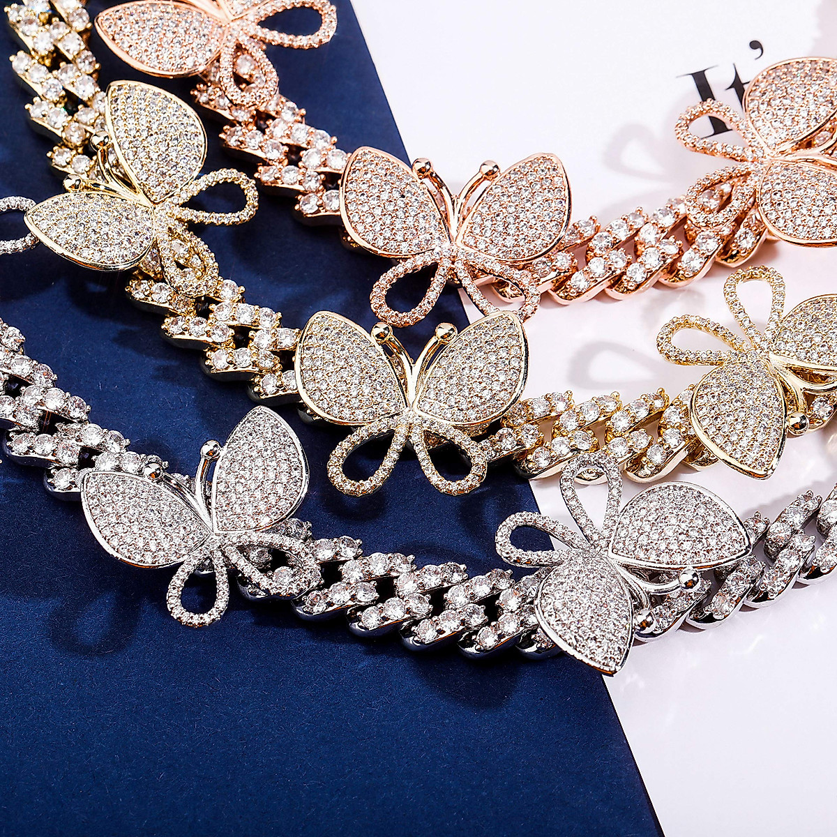 TOPGRILLZ 8mm/12mm 6 Times Plated Iced Out Spinner Charm Butterfly Cuban Link Choker Chain Necklace for Women Novelty Jewelry Gifts(12mm Rose Gold, 16)