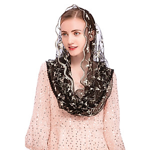 PAMOR Chapel Veils Mantilla Infinity Veil Latin Mass Little Flower Soft Embroidered Lace Head Covering Scarf (Black)