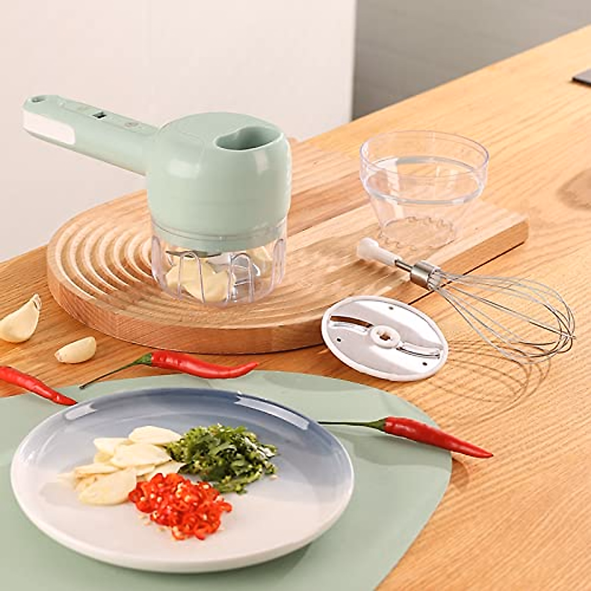 New 4 in 1 Portable Electric Vegetable Cutter Set, Multifunction Food Mini Slicer, Rechargeable Wireless Food Processor, Electric Egg Beater (Yellow)