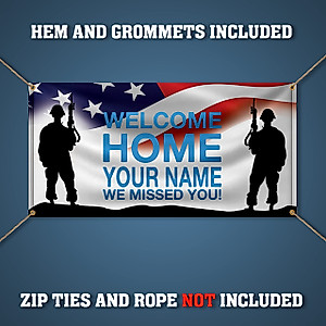 BannerBuzz Vinyl Banner, Welcome Home We Missed You Soldier, PVC Flex, 11 oz, Hemmed Edges with Grommets, Single Sided Print, Full Color 600DPI Eco Solvent Printing (10' W X 4' H)