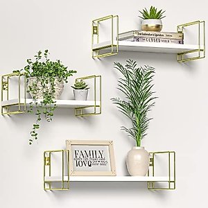 J JACKCUBE DESIGN White Wood Floating Shelves, Set of 3 Wall Mounted Hanging Shelves with Gold Wire Frames for Bedroom. Living Room, Kitchen, Bathroom and Office - MK696C