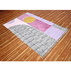 Casavani Hand Block Printed Rug Geometric Blue & Pink Tassel Rug Boho Area Rug Easy Care Washable Rugs for Doormat Entryway Living Room Bedroom Hallway Balcony 10x10 Feet Square