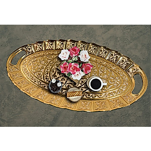 Turkish Tea Coffee Beverage Dinning Serving Tray Ellipse with Handled Ottoman Motif Decorative Middle Table Drink Serving Bathroom Oval Suitable for Gift Tray (14.1x8.2x1 INC) 35.8x20.5x2cm Gold