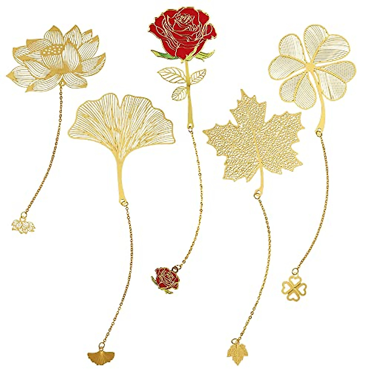 DLAND 5 Pack Metal Chain Bookmarks, Gold and Color Cutout Botanical Bookmarks for Book Lovers, Writers, Readers, Kids, Teens, Adults, Women Men