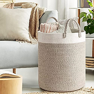 MXMHOME Large Laundry Hamper, 20" X 15" X 15" Tall Woven Rope Storage Basket for Blanket, Cotton Rope Basket Laundry Hamper for Clothes, Toys, Dirty Clothes, Soft Baby Hamper for Nursery, 58L, Brown