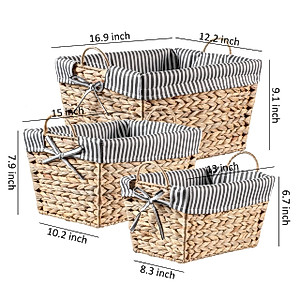 Motifeur Handmade Water Hyacinth Wicker Baskets, Utility Storage Organizers With Removable Liner (Set of 3, Jumbo: 16.9"x12.2"x9.1", Large: 15"x10.2"x7.9", Medium: 13"x8.3"x6.7", Beige + Gray/White)