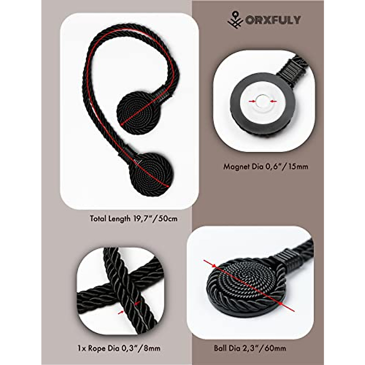 Magnetic Curtain Tiebacks - Modern Unique Upgraded Design 2023 Elegant Twisted Polyester Rope with Strong Magnets Decorative Holdbacks for Window Drapes & Curtains ORXFULY (Black, 2) (ck-041)