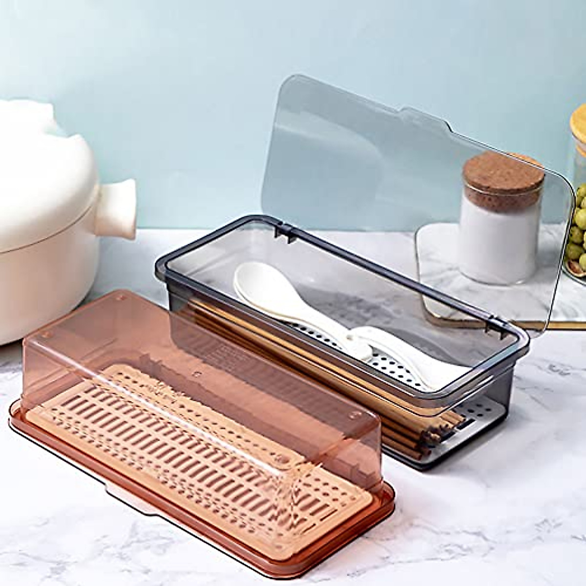 Cabilock Flatware Tray Plastic Utensil Drying Rack with Lid Chopsticks Spoon Fork Knife Drainer Basket Flatware Storage Drainer for Kitchen Countertop 2pcs