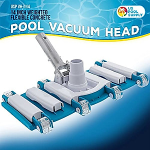 U.S. Pool Supply 14" Weighted Flexible Concrete Swimming Pool Vacuum Head with Swivel Hose Connection & Aluminum Spring Action Pole Handle - Connect 1-1/4" or 1-1/2" Hose