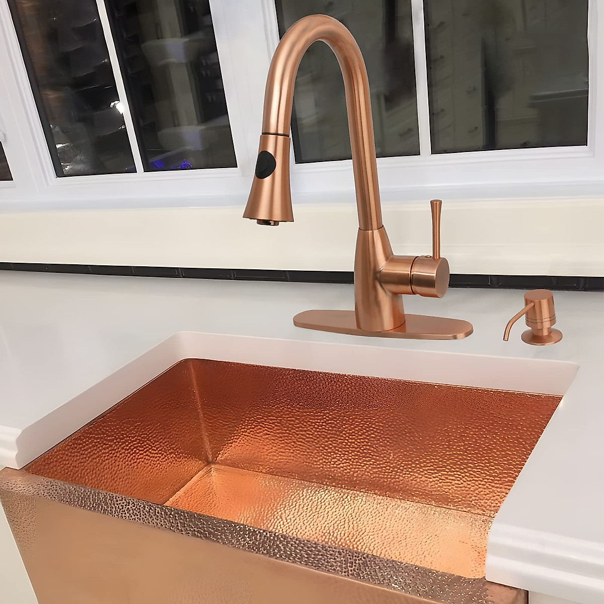 Copper Kitchen Faucet with Soap Dispenser, Single Handle Solid Brass High Arc Pull Down Sprayer Head Kitchen Sink Faucets with Deck Plate AK96455