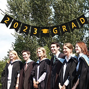 2023 Grad Graduation Banner (Assembled)with Black Gold Silver Star Garland Class of 2023 Gold Graduate Party Decorations,High School College Grad Decor, Graduation Party Favors Supplies