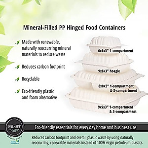 MULMEHË Eco-Friendly Mineral Filled Polypropylene Plastic Hinged Take Out Food Containers, 8x8x3, Vented Single Compartment, Natural White, 100 Pack