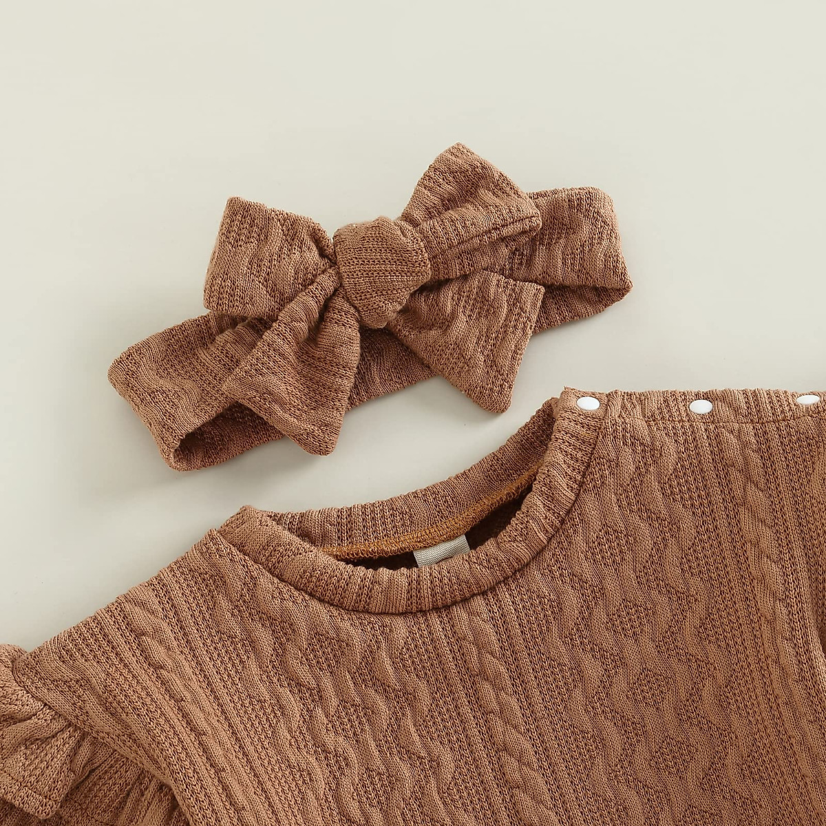 Infant Baby Girls Boys Romper Solid Color Knitted Round Neck Long Fly Sleeve Jumpsuits with Headband (Coffee, 0-6 Months)