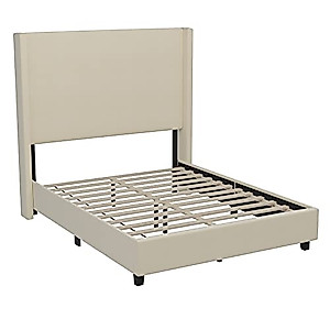 Merrick Lane Bramlett Modern Full Size Platform Bed Frame with Padded Faux Linen Upholstered Wingback Headboard and Wood Support Slats in Beige