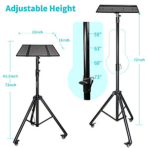 Projector Stand, Sturdy Durable Metal Laptop Tripod Stand with Wheels, Folding Floor Tripod Stand with Tray, Adjustable Height Portable DJ Equipment Stand for Indoors and Outdoors (43 Inch - 73 Inch)