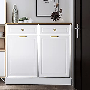 UEV Double Kitchen Trash Cabinets,Two Tilt Out Trash Cabinets with Solid Hideaway Drawers,Free Standing Wooden Kitchen Trash Can Recycling Cabinet Trash Can Holder (White)