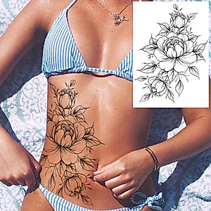 COKTAK 6 Pieces/Lot 3D Realistic Large Black Rose Flower Temporary Tattoos For Women Body Art Arm Big Peony Geometric Tattoo Stickers Adults Fake Waterproof Tatoo Legs Sketch Sexy Girl Peach Lily