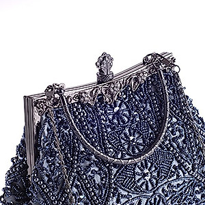 Vintage Beaded and Sequined Women Evening Bag Evening Purse Clutch Bag Grey-Blue